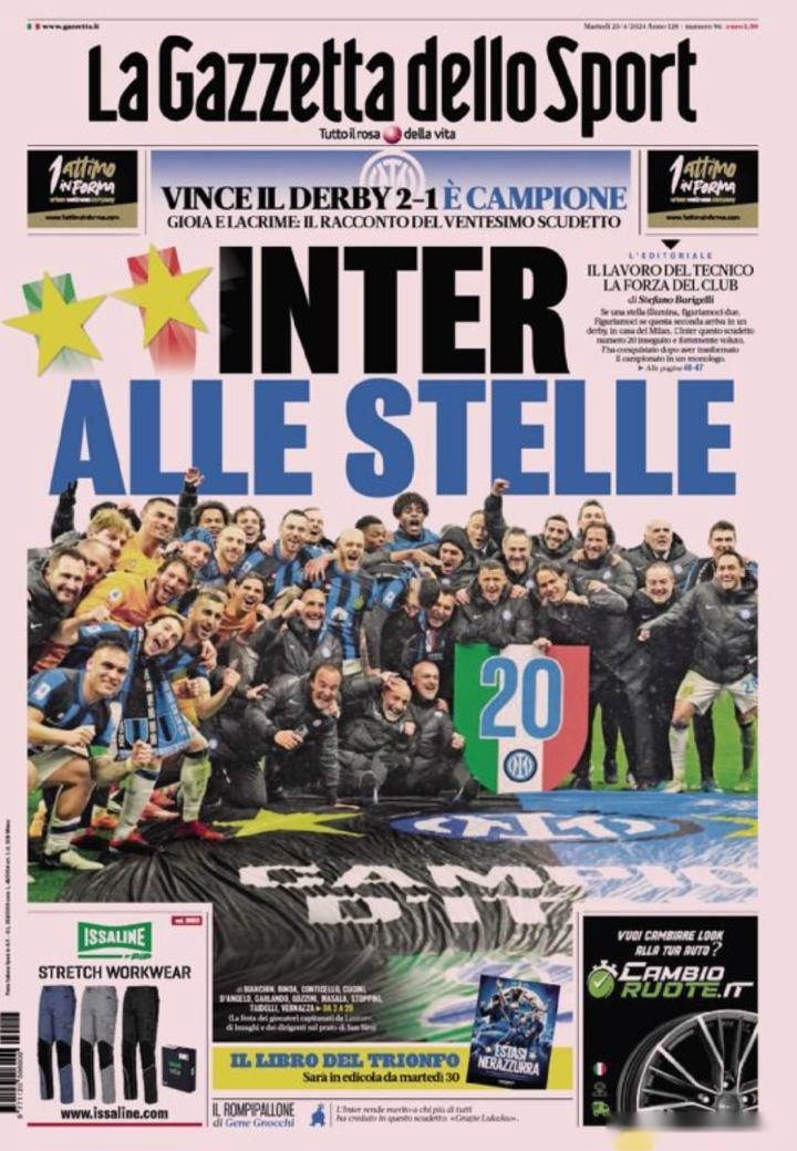 祝贺加冕第20冠，今日米体头版：星空中的国际米兰_PP视频体育频道